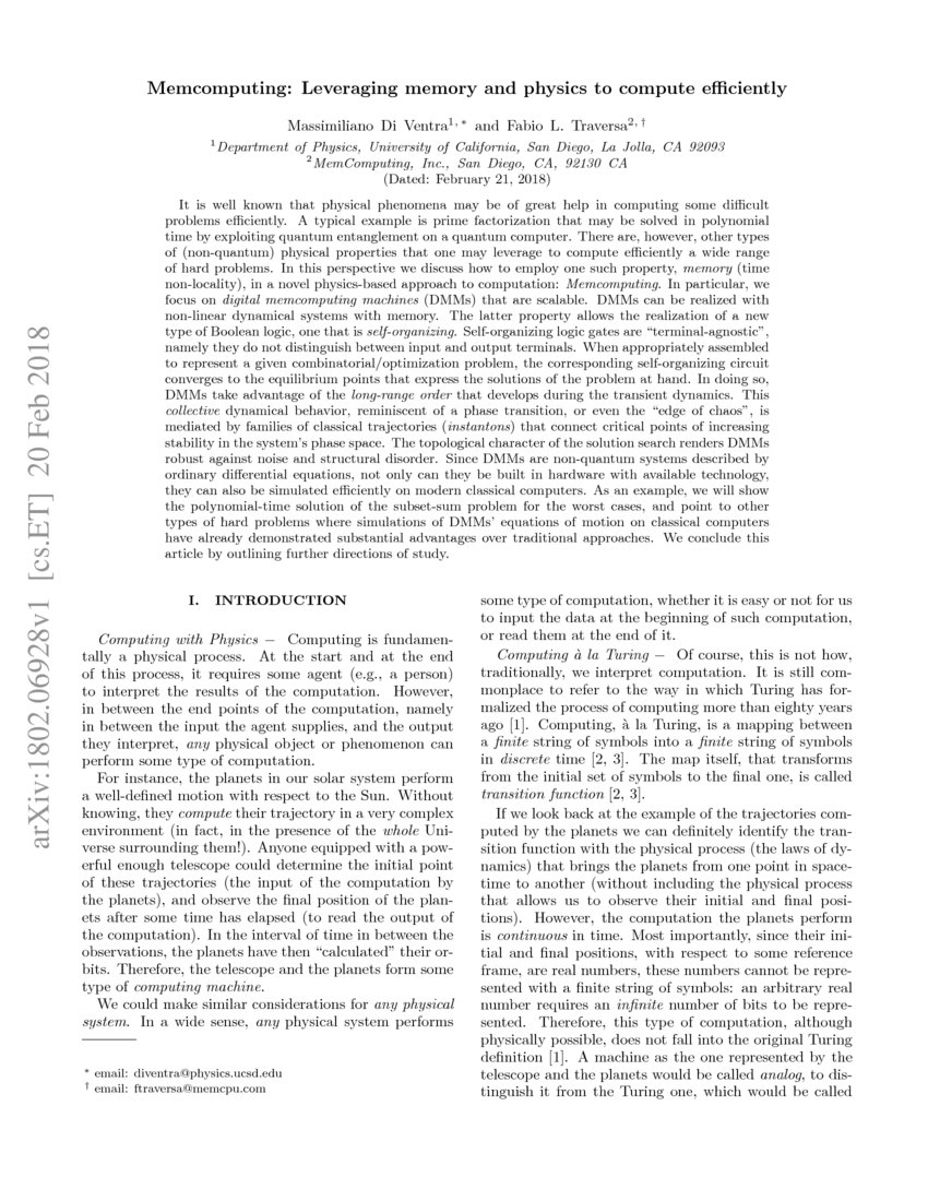 Memcomputing: Leveraging memory and physics to compute efficiently | DeepAI