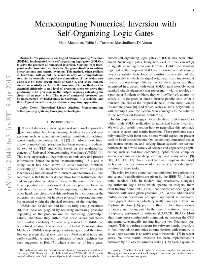 Memcomputing Numerical Inversion with Self-Organizing Logic Gates | DeepAI