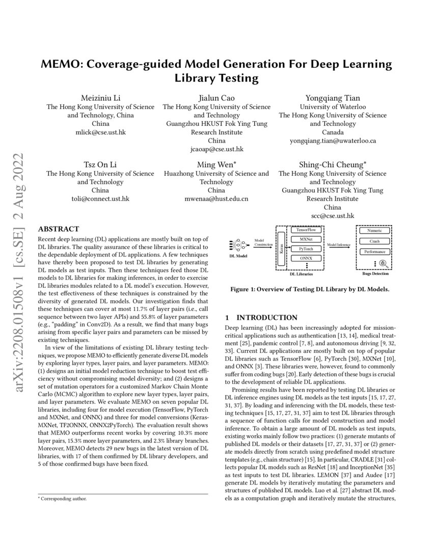 Memo Coverage Guided Model Generation For Deep Learning Library Testing Deepai