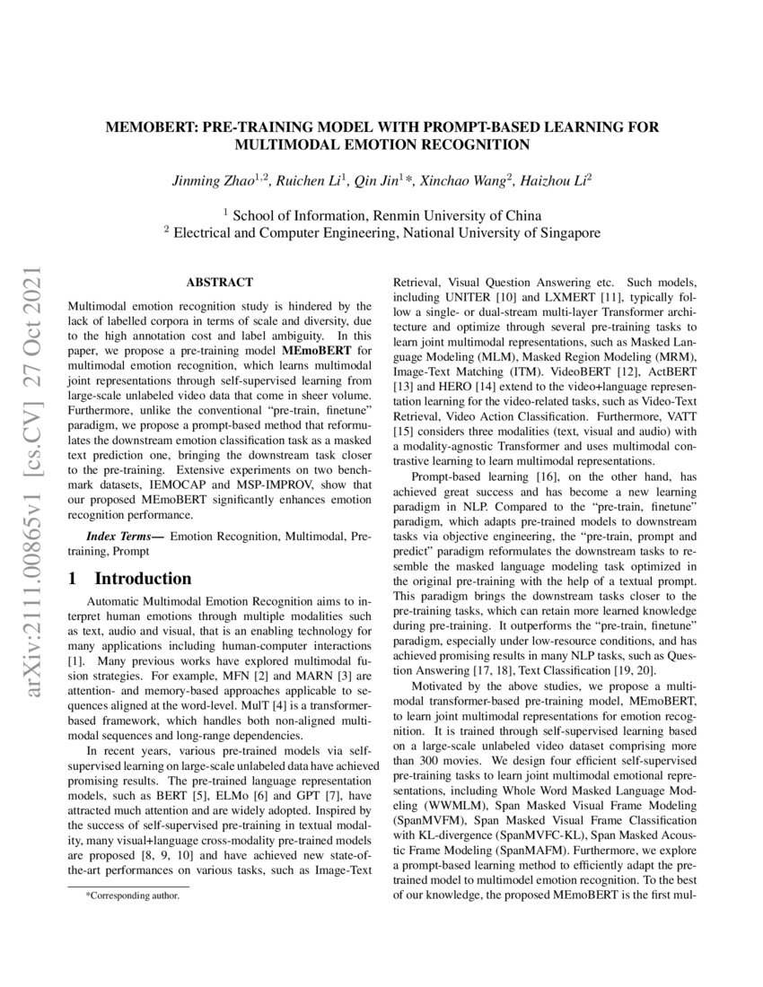 MEmoBERT: Pre-training Model with Prompt-based Learning for Multimodal ...