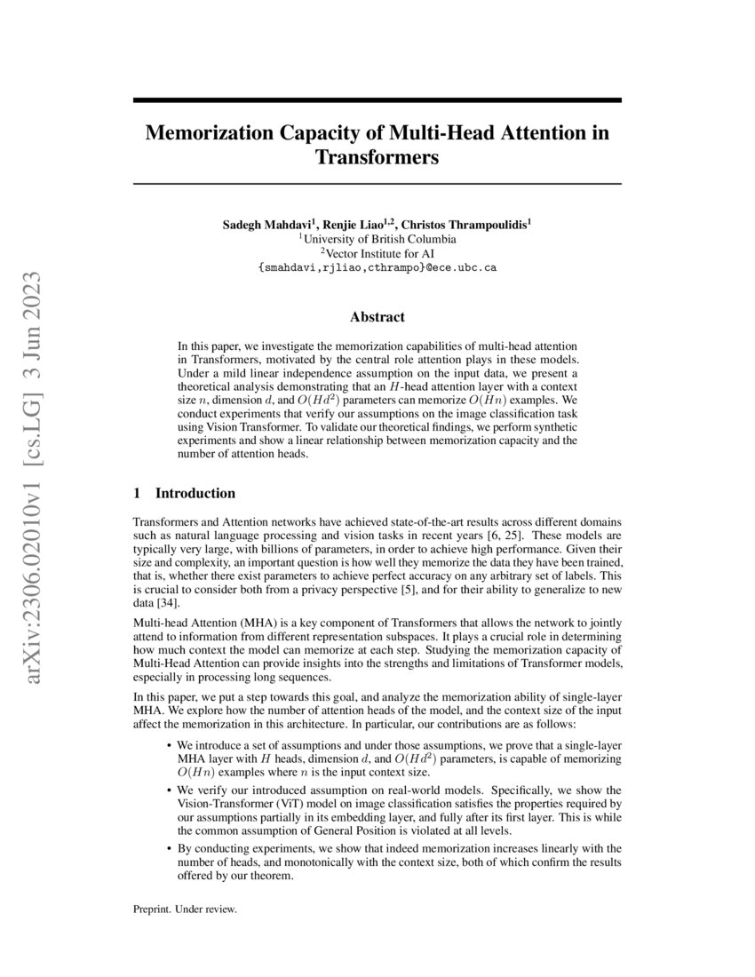 Memorization Capacity of Multi-Head Attention in Transformers | DeepAI