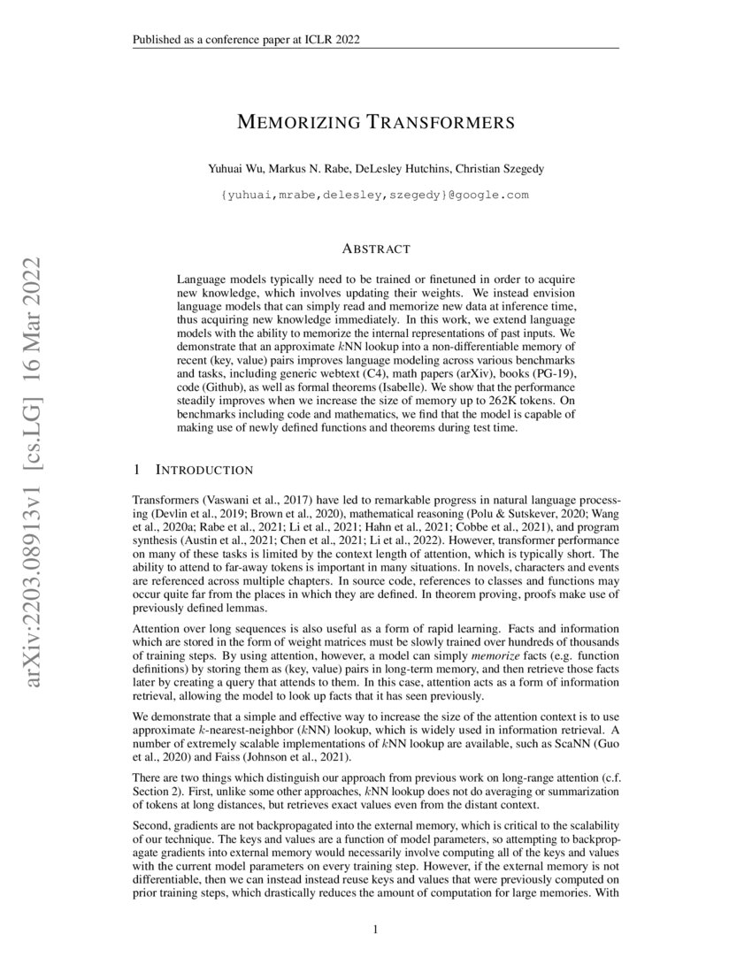 Memorizing Transformers | DeepAI