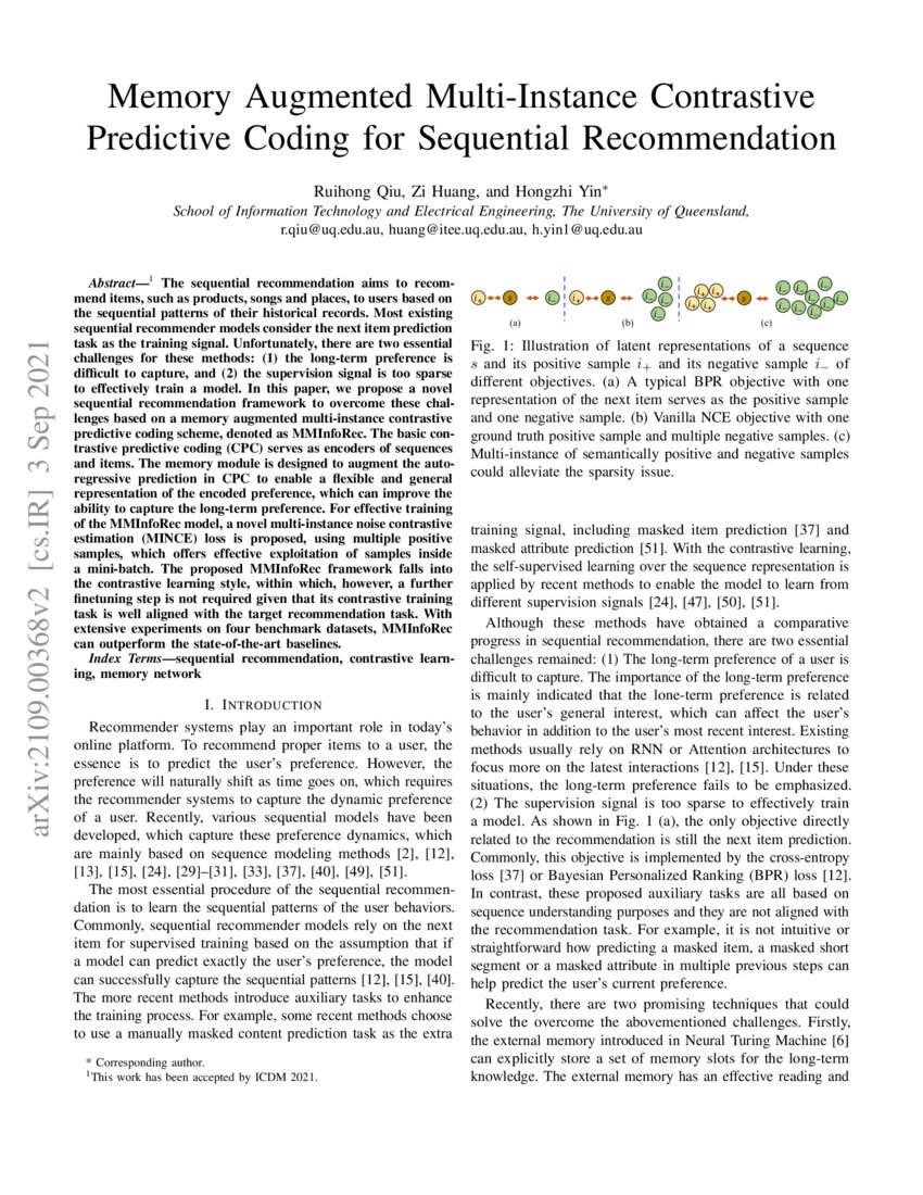 Memory Augmented Multi Instance Contrastive Predictive Coding For Sequential Recommendation Deepai 