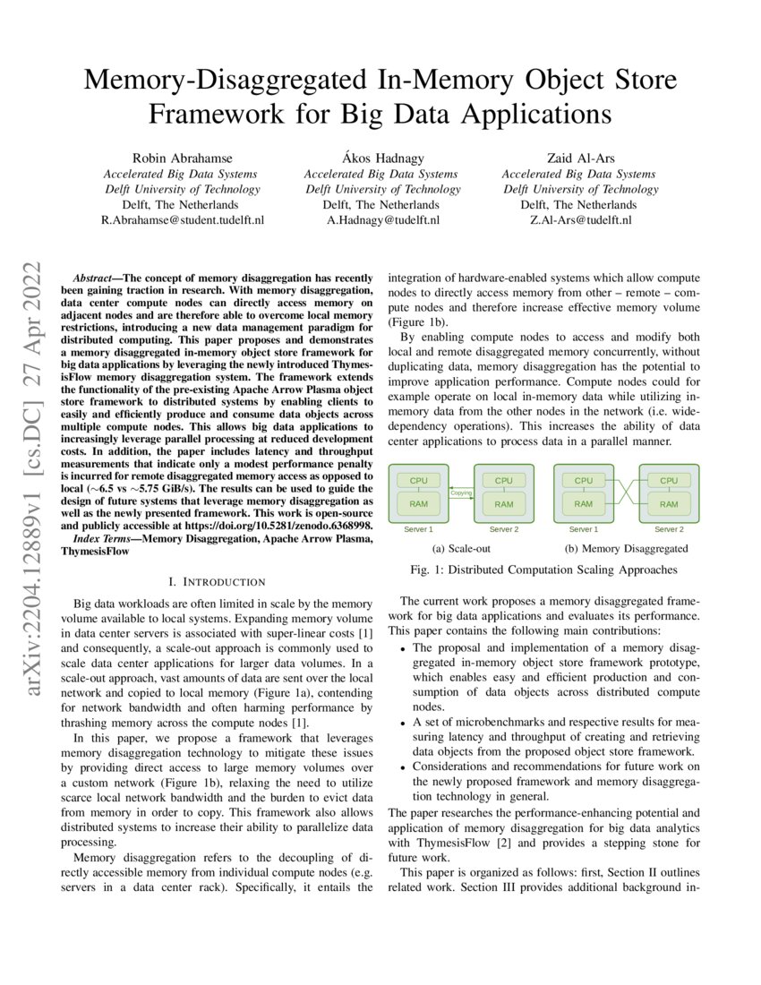 Memory-Disaggregated In-Memory Object Store Framework for Big Data Applications | DeepAI