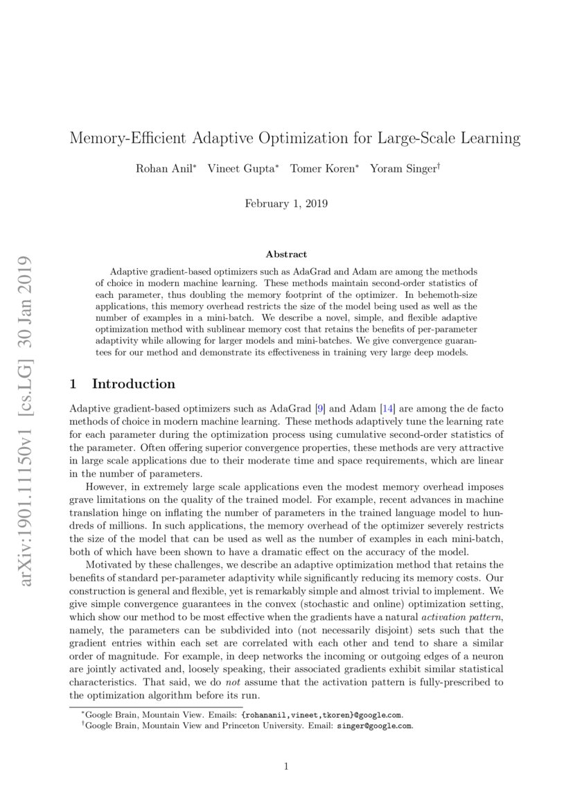 Memory Efficient Adaptive Optimization For Large Scale Learning Deepai