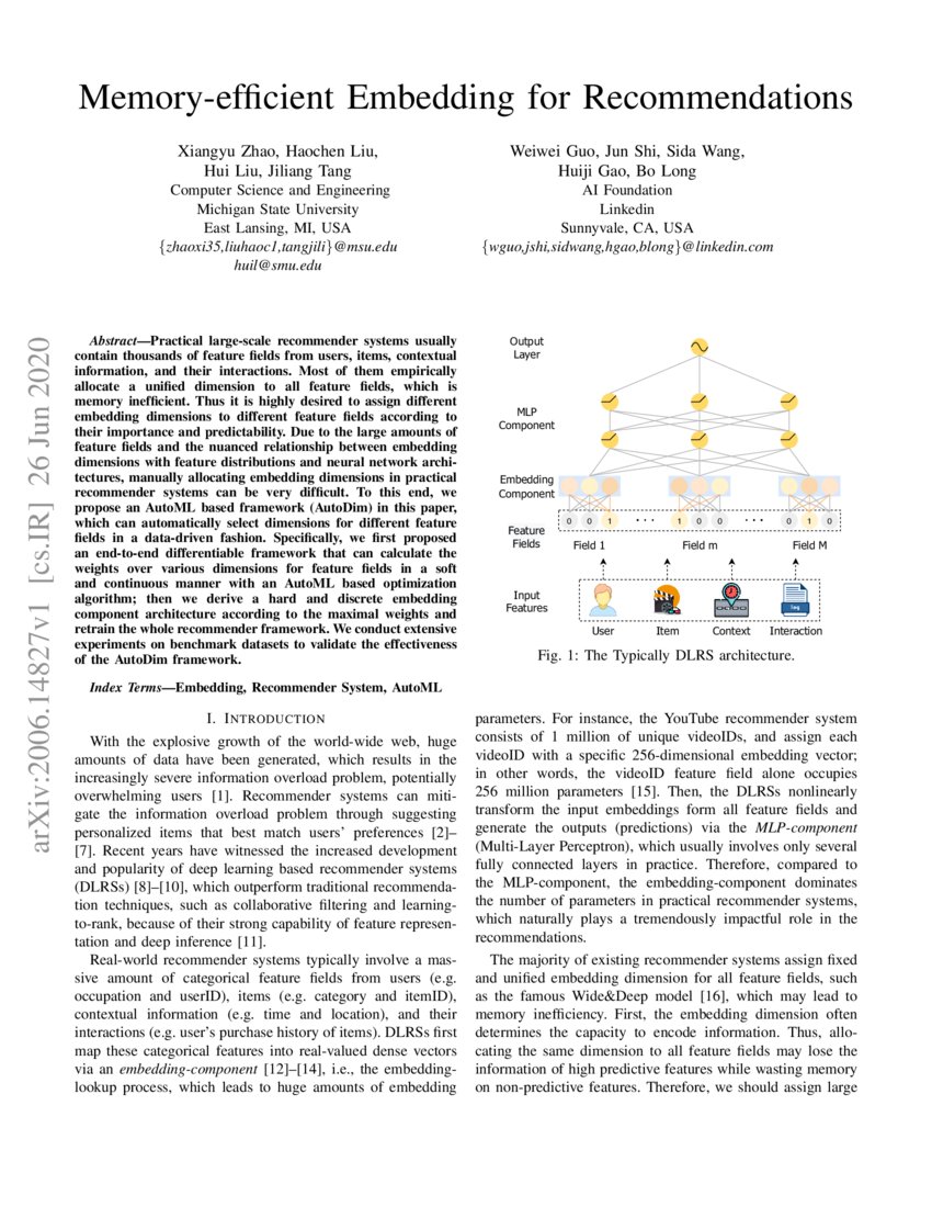 Memory Efficient Embedding For Recommendations Deepai 
