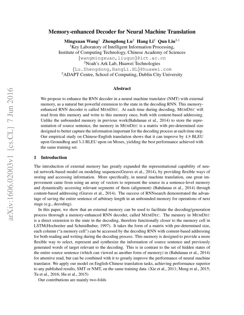 Memory-enhanced Decoder for Neural Machine Translation | DeepAI