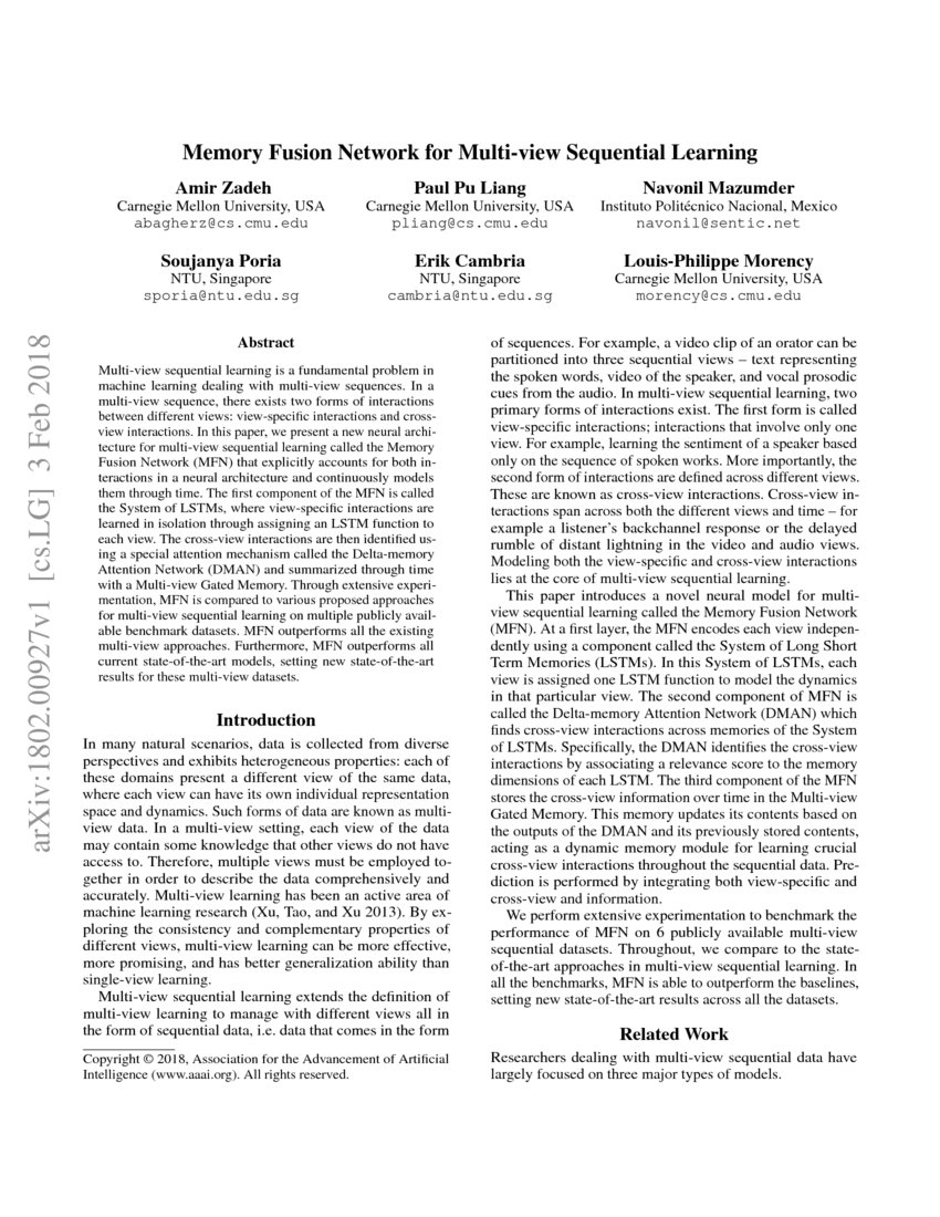 Memory Fusion Network for Multi-view Sequential Learning | DeepAI