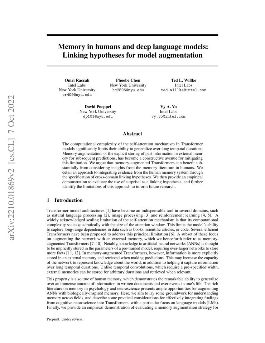 Memory In Humans And Deep Language Models Linking Hypotheses For Model Augmentation Deepai