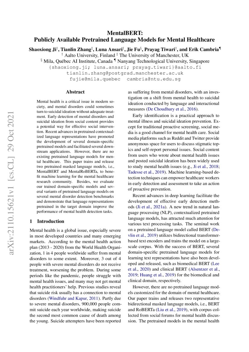 MentalBERT: Publicly Available Pretrained Language Models for Mental ...