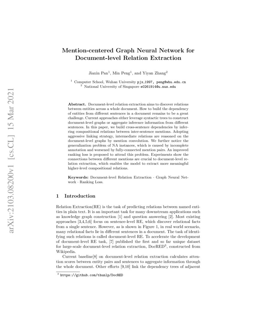 Mention Centered Graph Neural Network For Document Level Relation Extraction Deepai