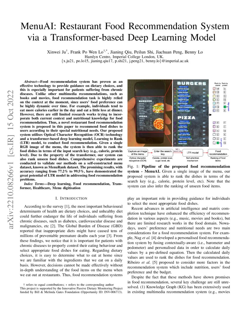Menuai Restaurant Food Recommendation System Via A Transformer Based