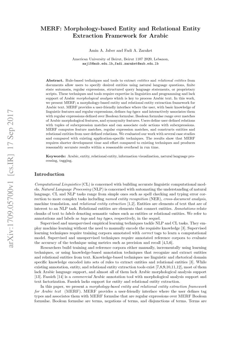 MERF: Morphology-based Entity and Relational Entity Extraction Framework for Arabic | DeepAI