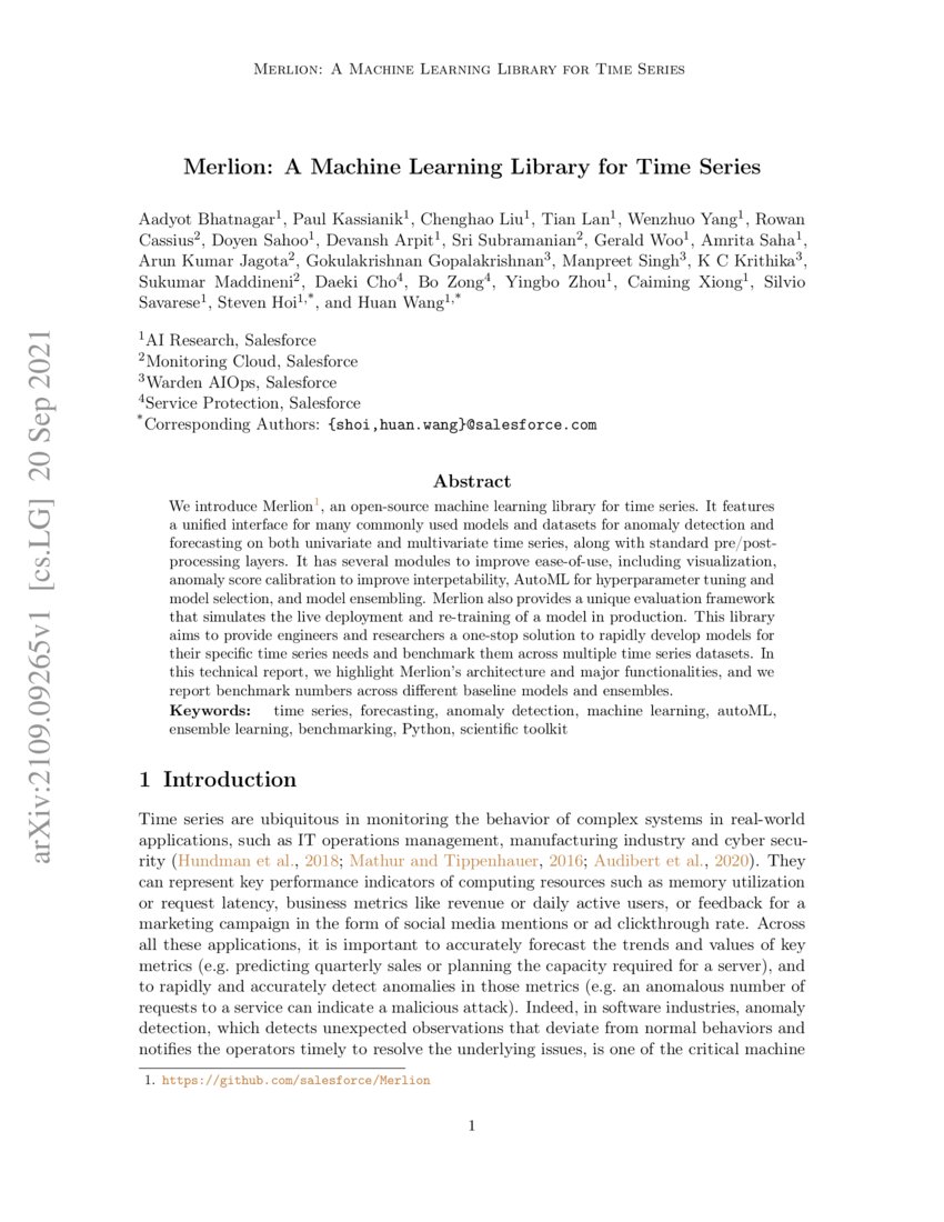 Merlion: A Machine Learning Library for Time Series | DeepAI