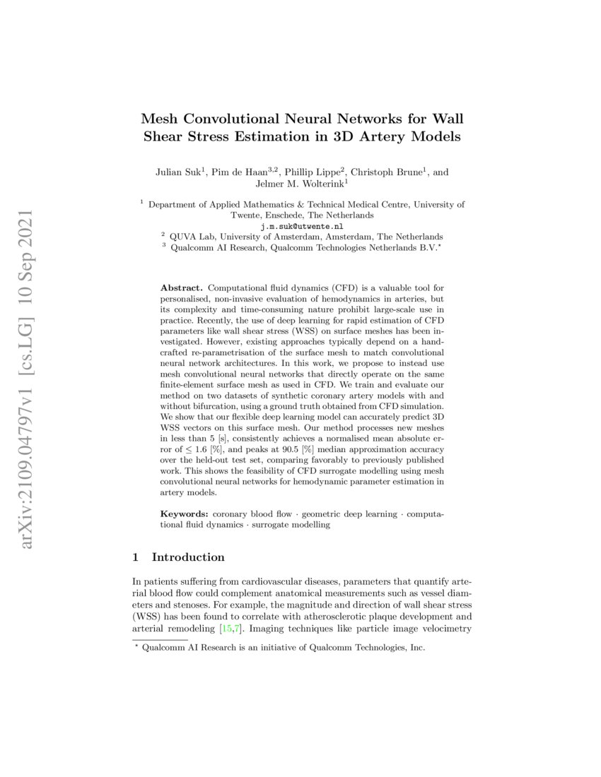 Mesh convolutional neural networks for wall shear stress estimation in 3D artery models | DeepAI