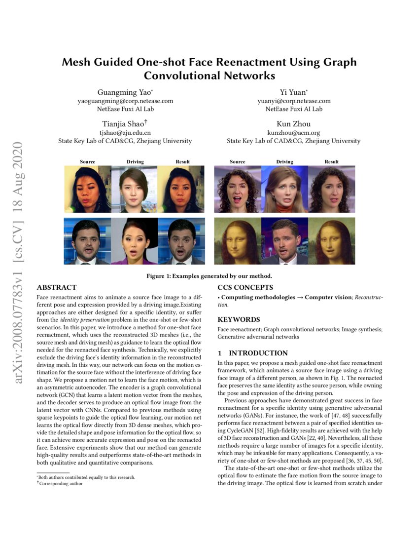 Mesh Guided One Shot Face Reenactment Using Graph Convolutional Networks Deepai