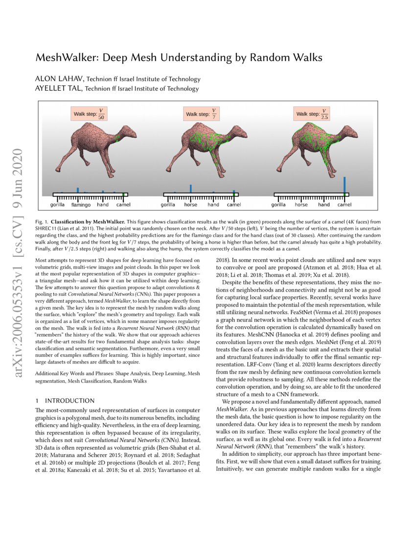 MeshWalker: Deep Mesh Understanding by Random Walks | DeepAI