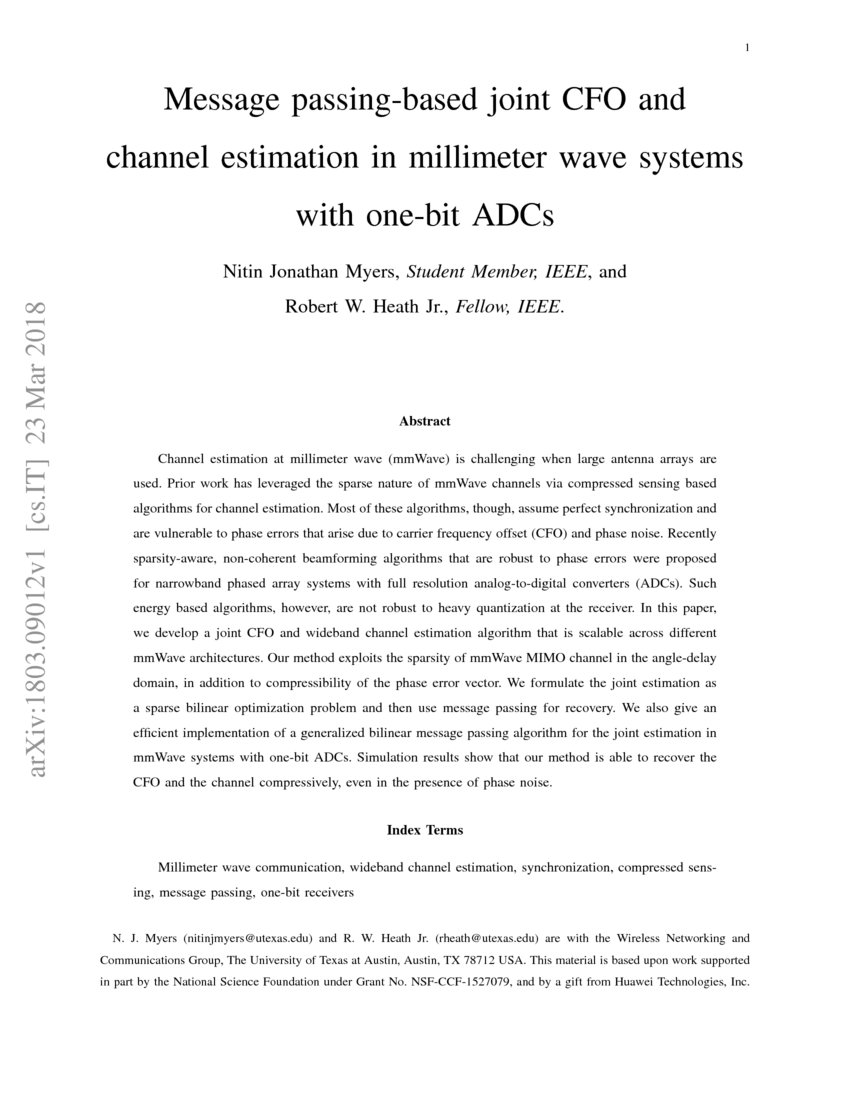 Message passing-based joint CFO and channel estimation in millimeter wave systems with one-bit ...
