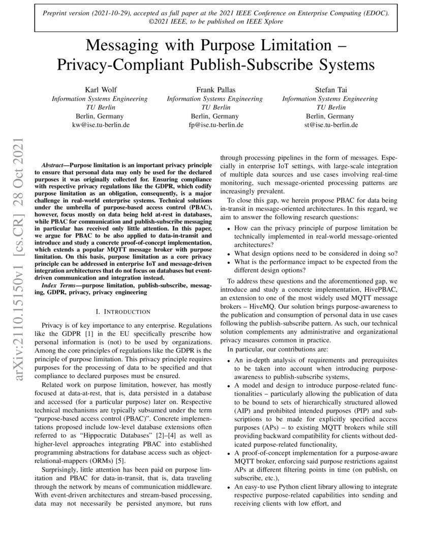 Messaging with Purpose Limitation – Privacy-Compliant Publish-Subscribe ...