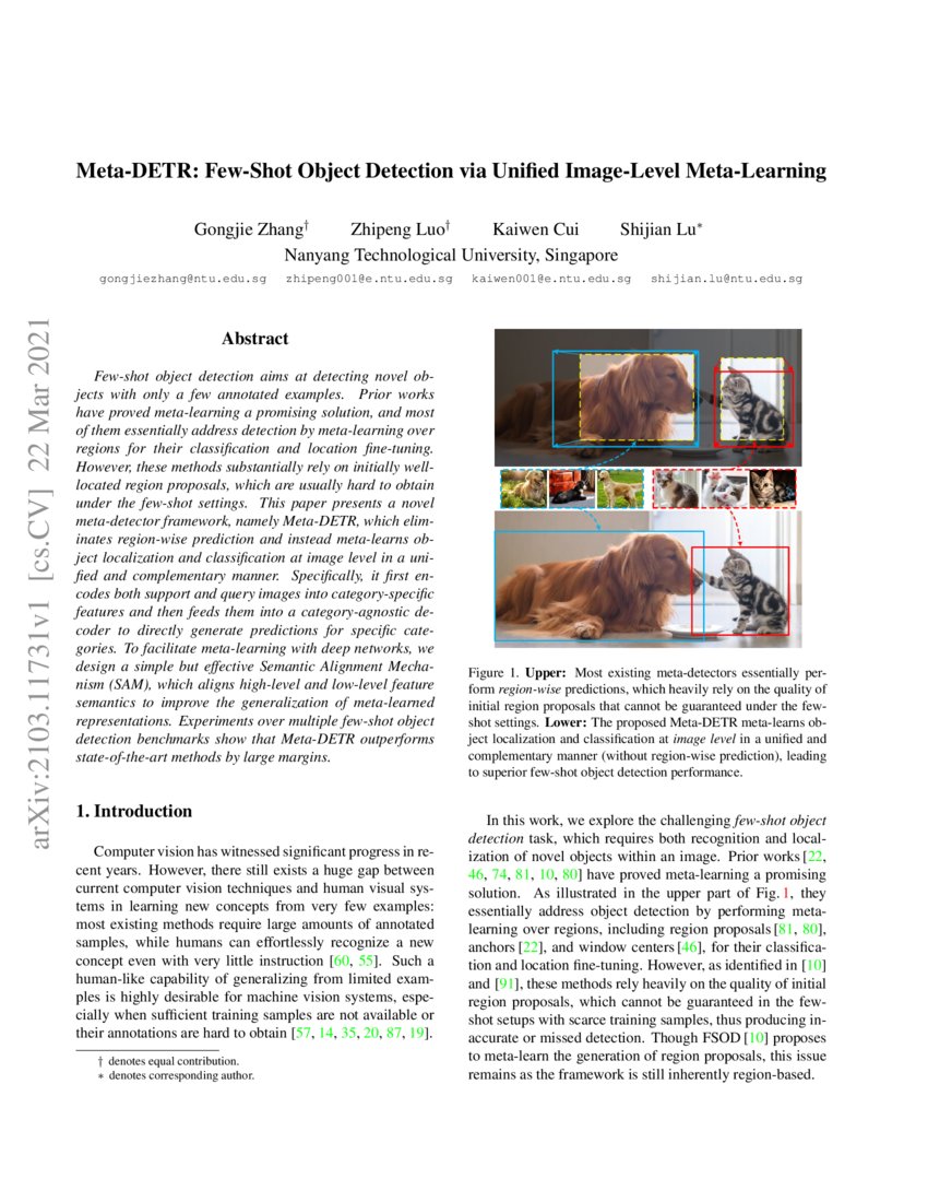 Meta Detr Few Shot Object Detection Via Unified Image Level Meta Learning Deepai