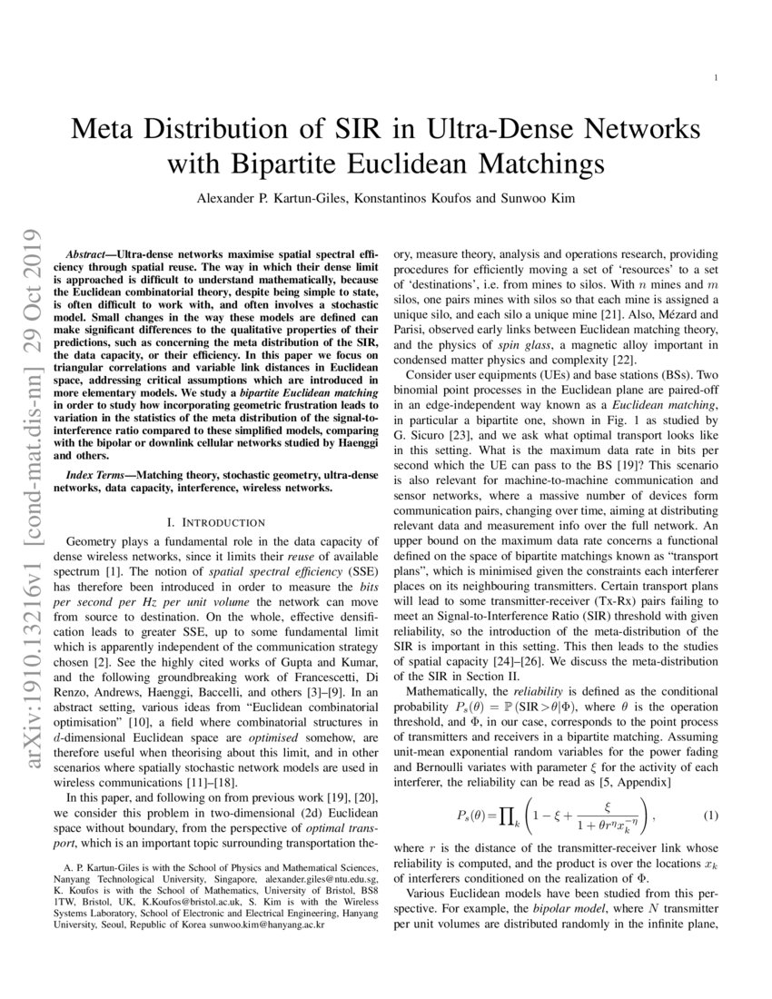 Meta Distribution Of Sir In Ultra Dense Networks With Bipartite Euclidean Matchings Deepai