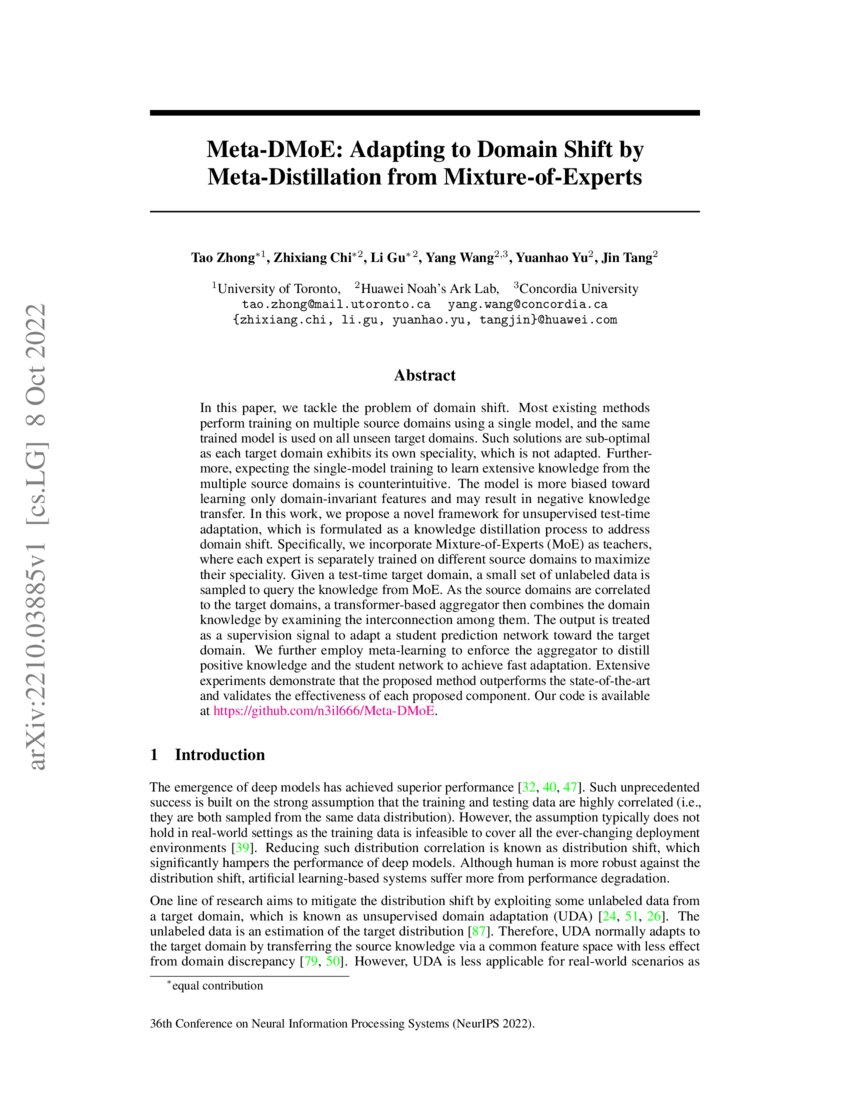 Meta-DMoE: Adapting to Domain Shift by Meta-Distillation from Mixture ...