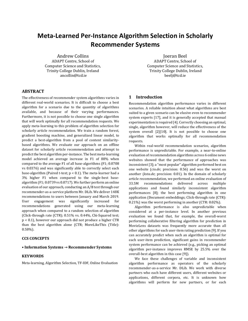 Meta Learned Per Instance Algorithm Selection In Scholarly Recommender Systems Deepai