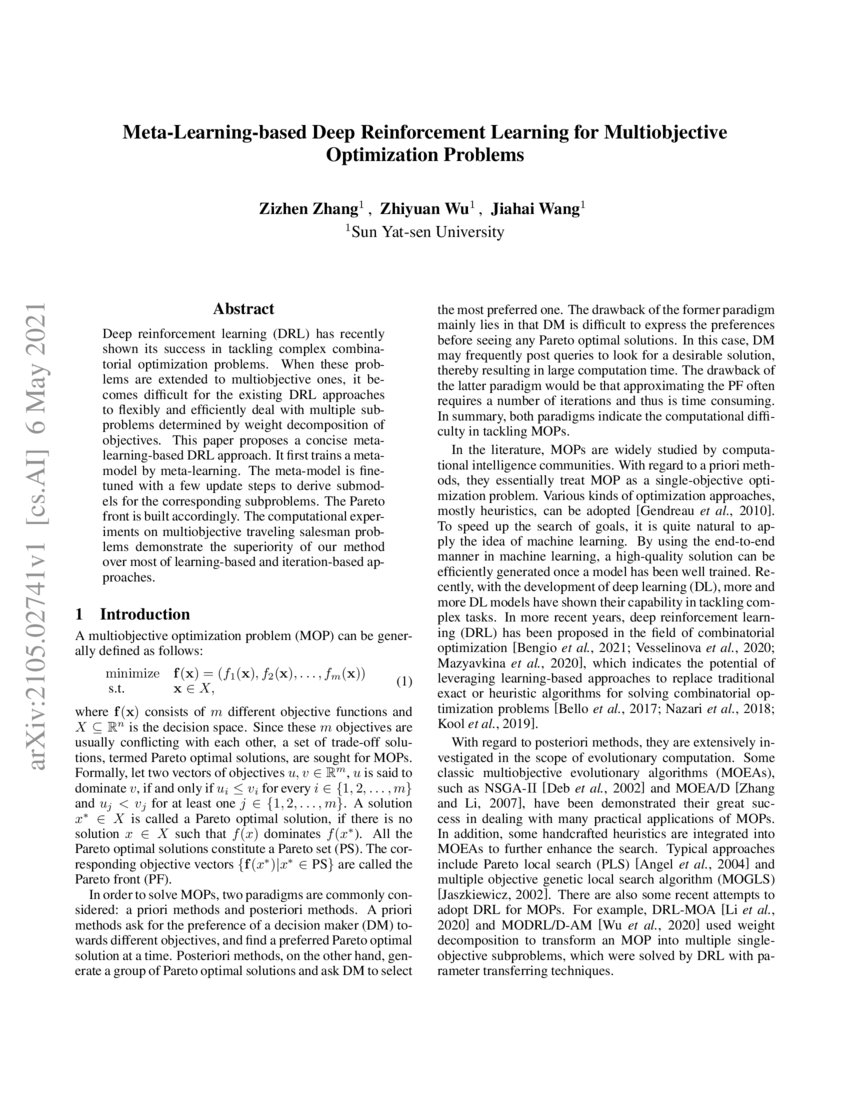 Meta-Learning-based Deep Reinforcement Learning for Multiobjective Optimization Problems | DeepAI