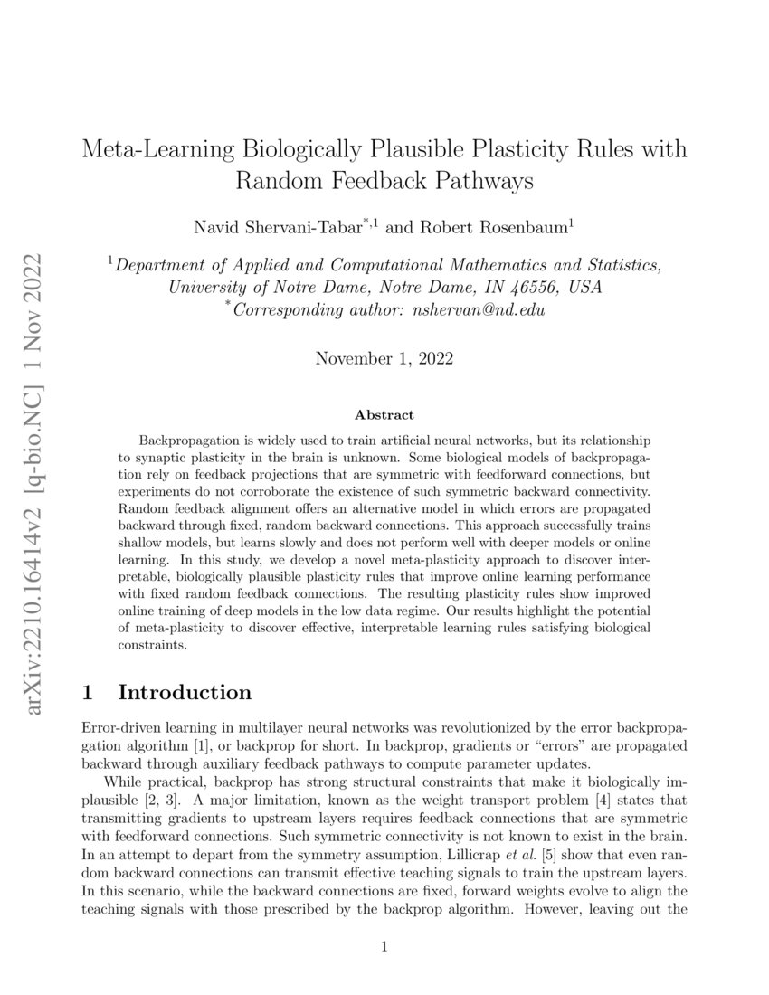 Meta Learning Biologically Plausible Plasticity Rules With Random Feedback Pathways Deepai