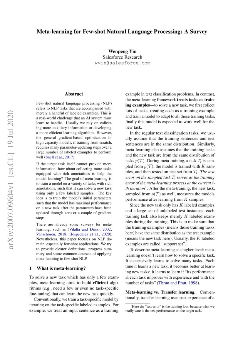 Meta-learning for Few-shot Natural Language Processing: A Survey | DeepAI