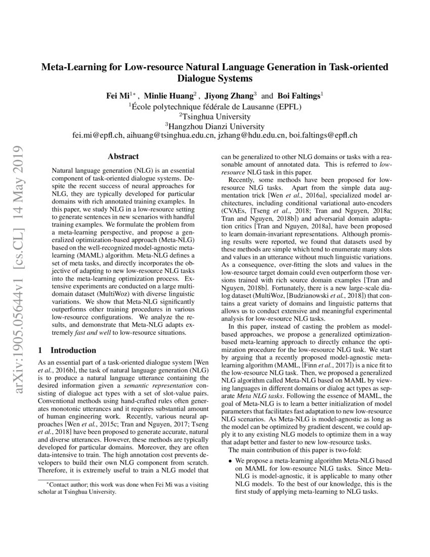 Meta Learning For Low Resource Natural Language Generation In Task Oriented Dialogue Systems
