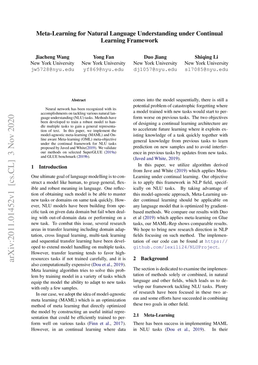 Meta-Learning for Natural Language Understanding under Continual Learning Framework | DeepAI