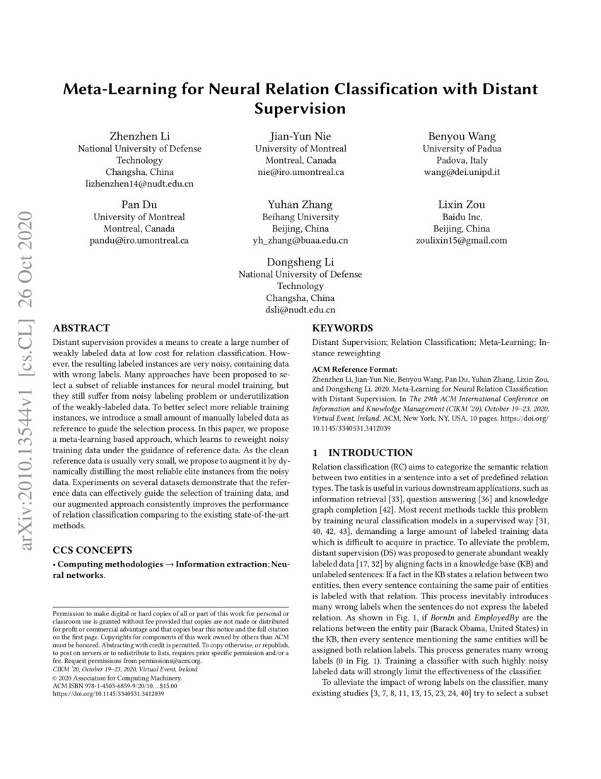 Meta-Learning for Neural Relation Classification with Distant ...