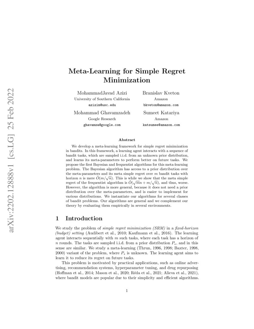 Meta-Learning for Simple Regret Minimization | DeepAI