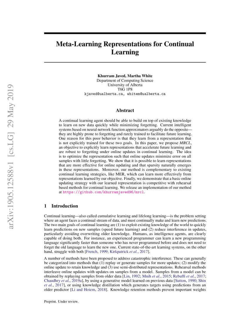 Meta-Learning Representations for Continual Learning | DeepAI