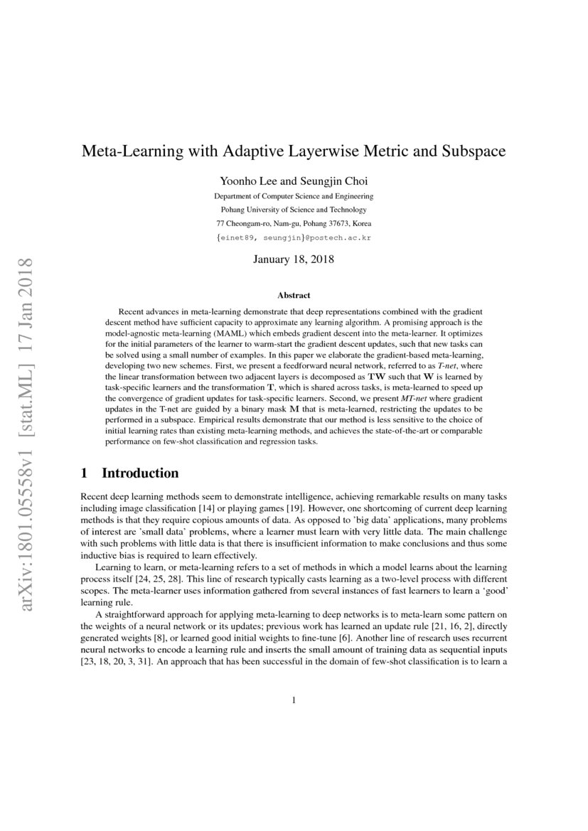 Meta Learning With Adaptive Layerwise Metric And Subspace Deepai