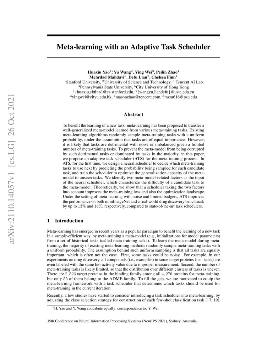 Meta-learning with an Adaptive Task Scheduler | DeepAI