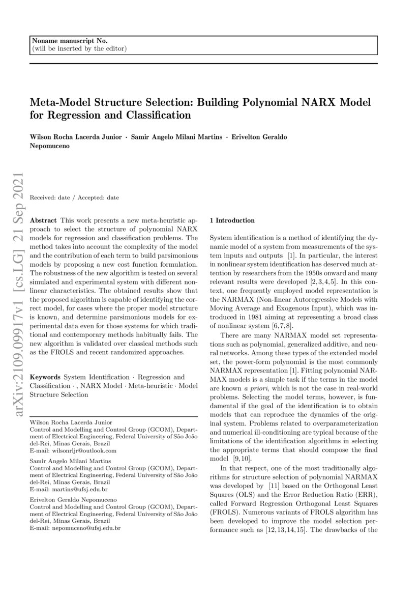 Meta-Model Structure Selection: Building Polynomial NARX Model for Regression and Classification ...