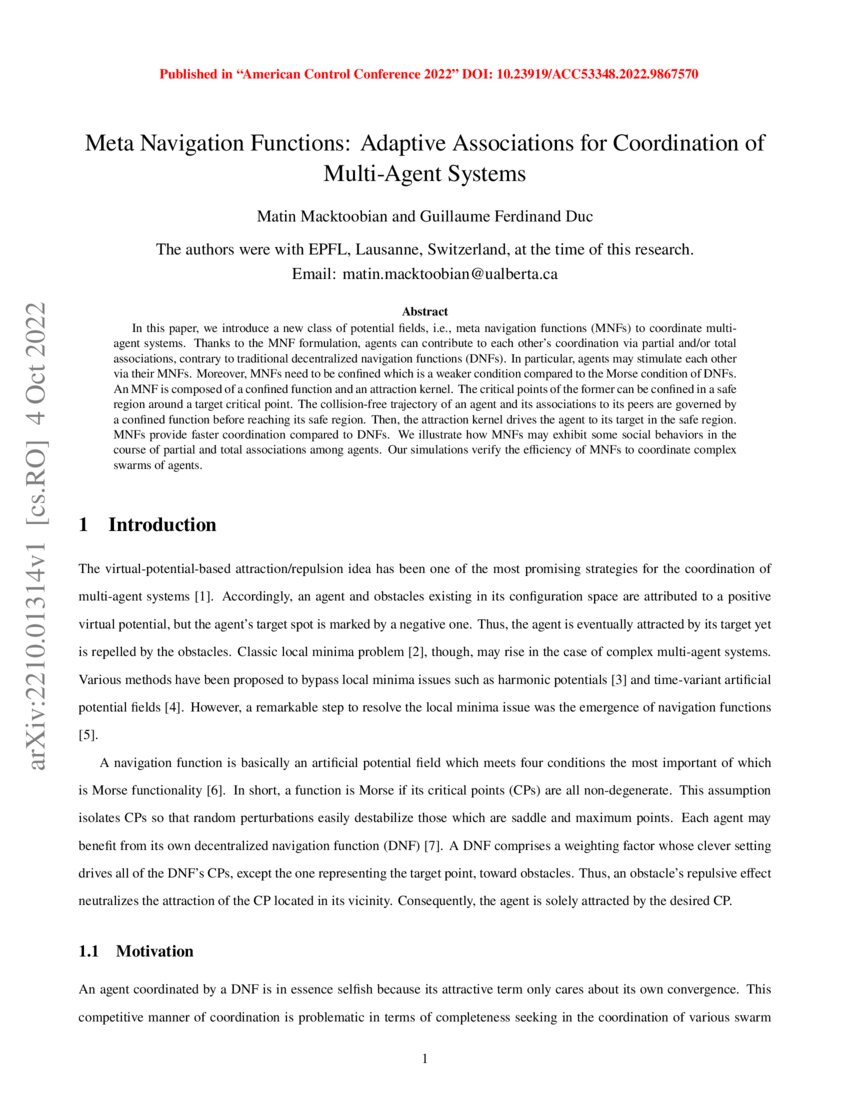 Meta Navigation Functions: Adaptive Associations for Coordination of Multi-Agent Systems | DeepAI