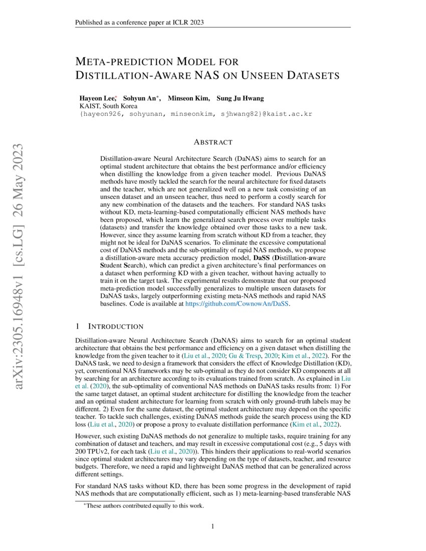Meta Prediction Model For Distillation Aware Nas On Unseen Datasets