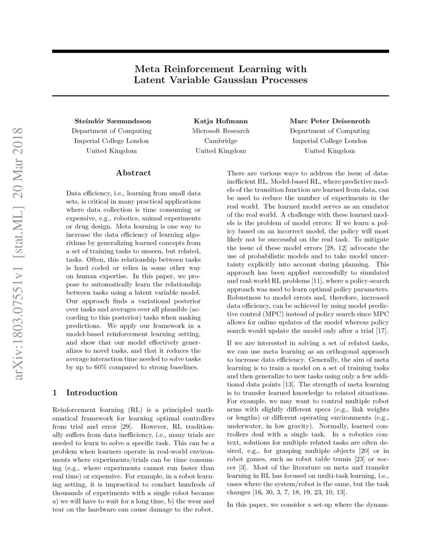 Meta Reinforcement Learning with Latent Variable Gaussian Processes | DeepAI