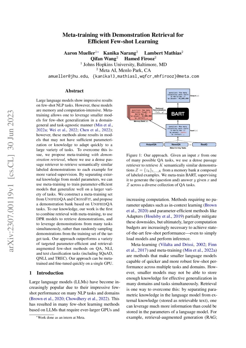Meta Training With Demonstration Retrieval For Efficient Few Shot Learning Deepai