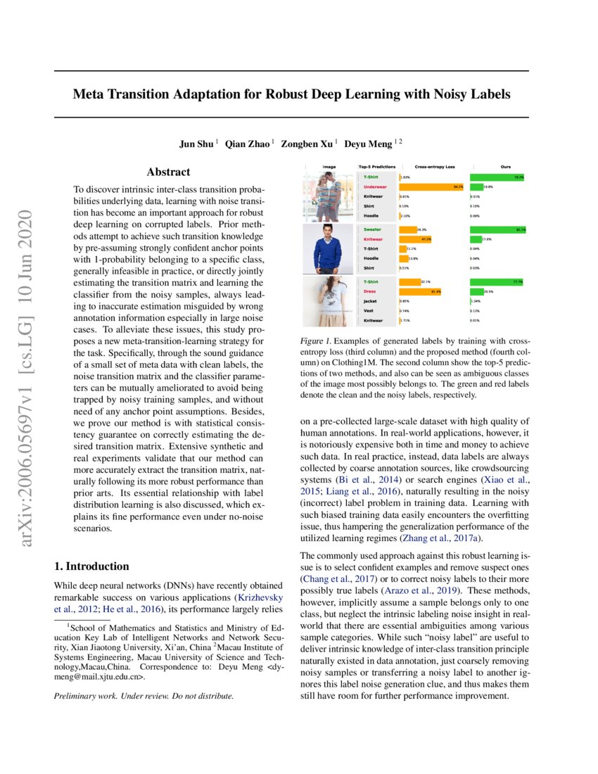 Meta Transition Adaptation for Robust Deep Learning with Noisy Labels | DeepAI