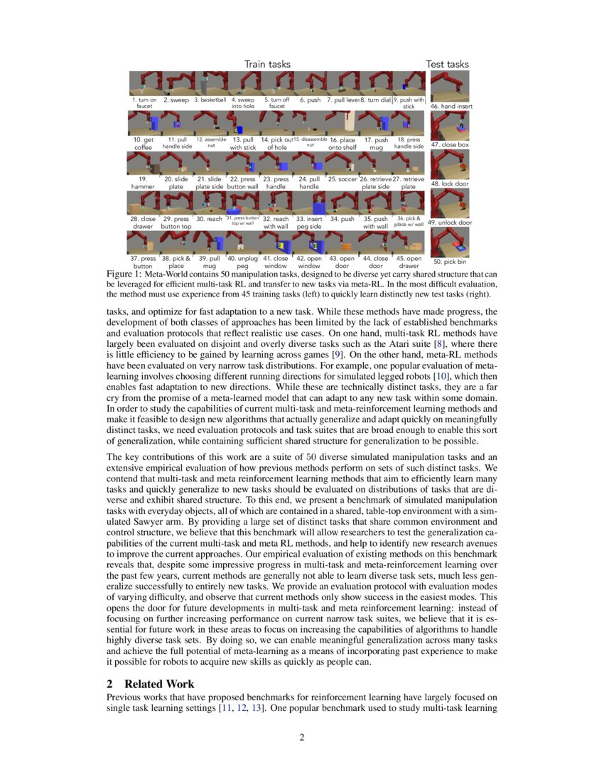Meta-World: A Benchmark and Evaluation for Multi-Task and Meta Reinforcement Learning | DeepAI