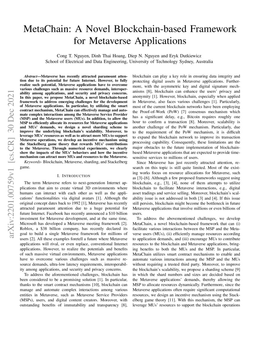 Metachain A Novel Blockchain Based Framework For Metaverse