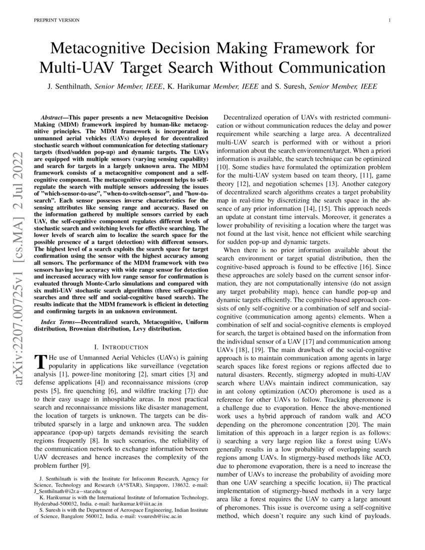 Metacognitive Decision Making Framework For Multi Uav Target Search Without Communication Deepai