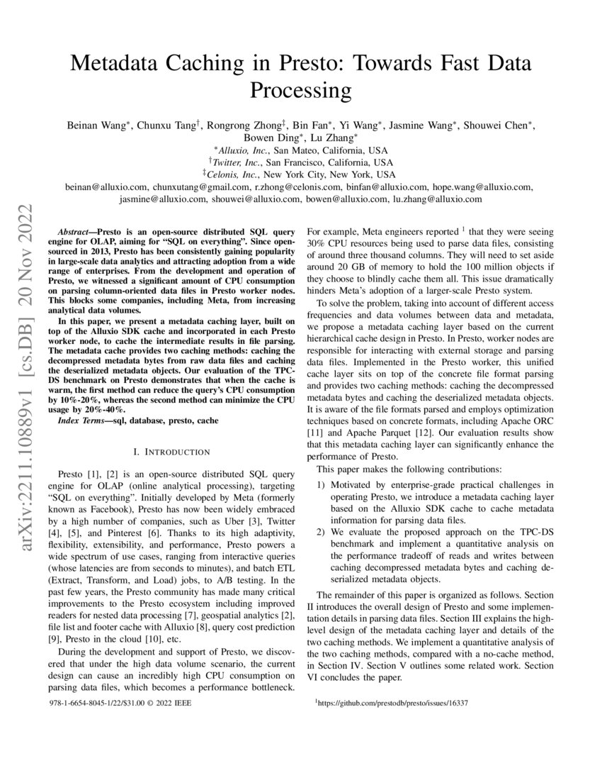 Metadata Caching in Presto: Towards Fast Data Processing | DeepAI