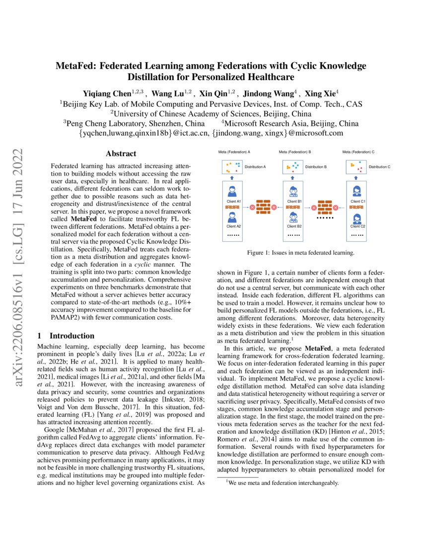 Metafed Federated Learning Among Federations With Cyclic Knowledge