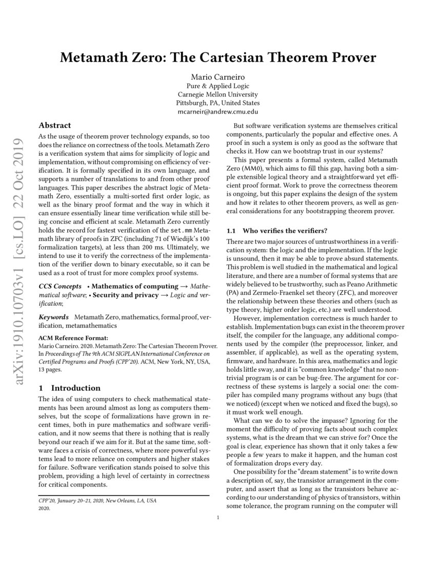 Metamath Zero: The Cartesian Theorem Prover | DeepAI