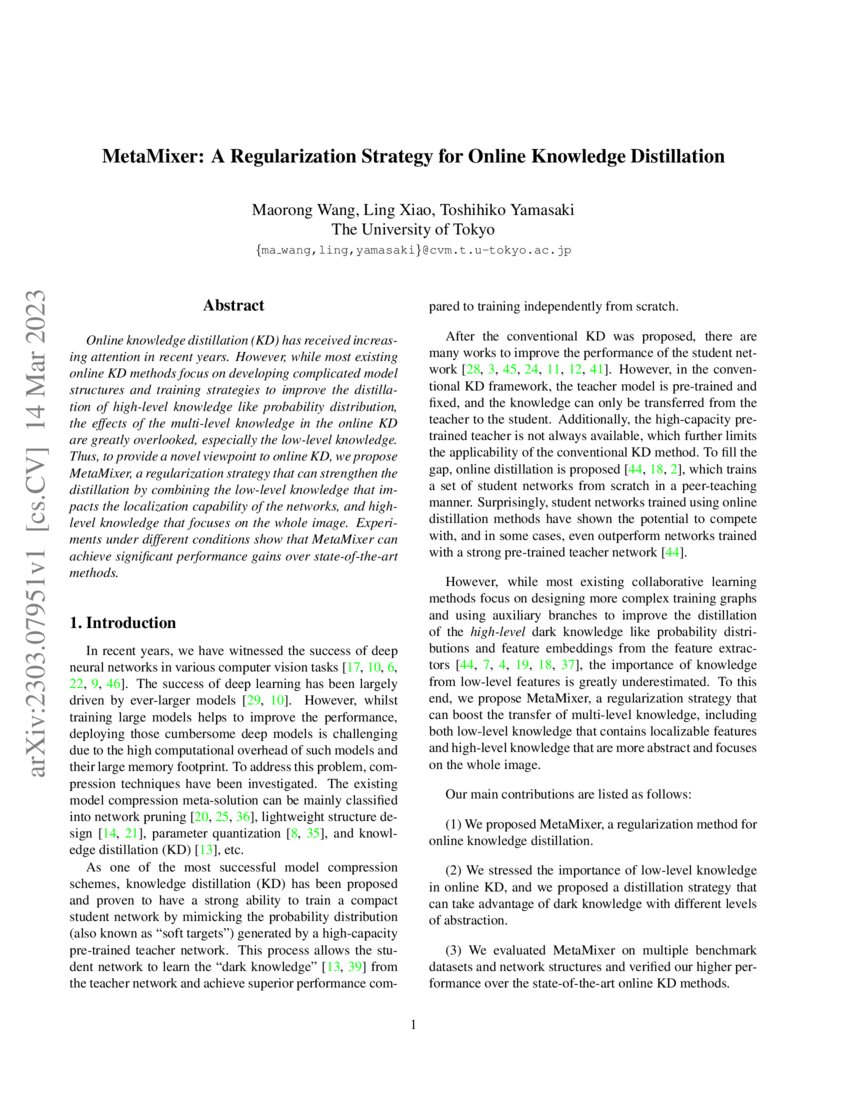MetaMixer: A Regularization Strategy for Online Knowledge Distillation | DeepAI
